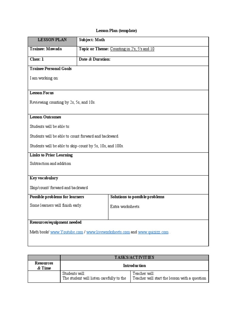 Lesson Plan 5 Counting in 2s 5s and 10 | PDF | Lesson Plan | Worksheet