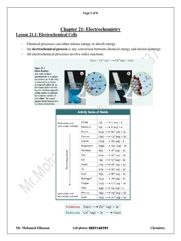 Chapter 21: Electrochemistry: Lesson 21.1: Electrochemical Cells | PDF ...
