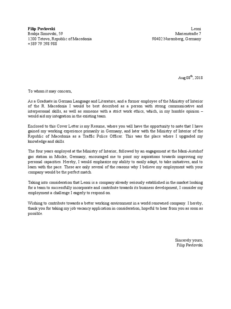 Cover Letter, Leoni (Eng) - P.Filip | PDF