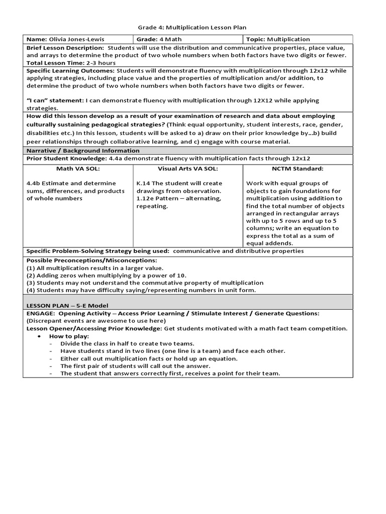 Grade 4 Multiplication Lesson Plan Odu | PDF | Lesson Plan | Pedagogy