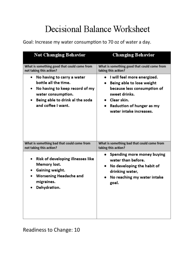 Decisional Balance Worksheet 21 | PDF | Self-Improvement | Wellness