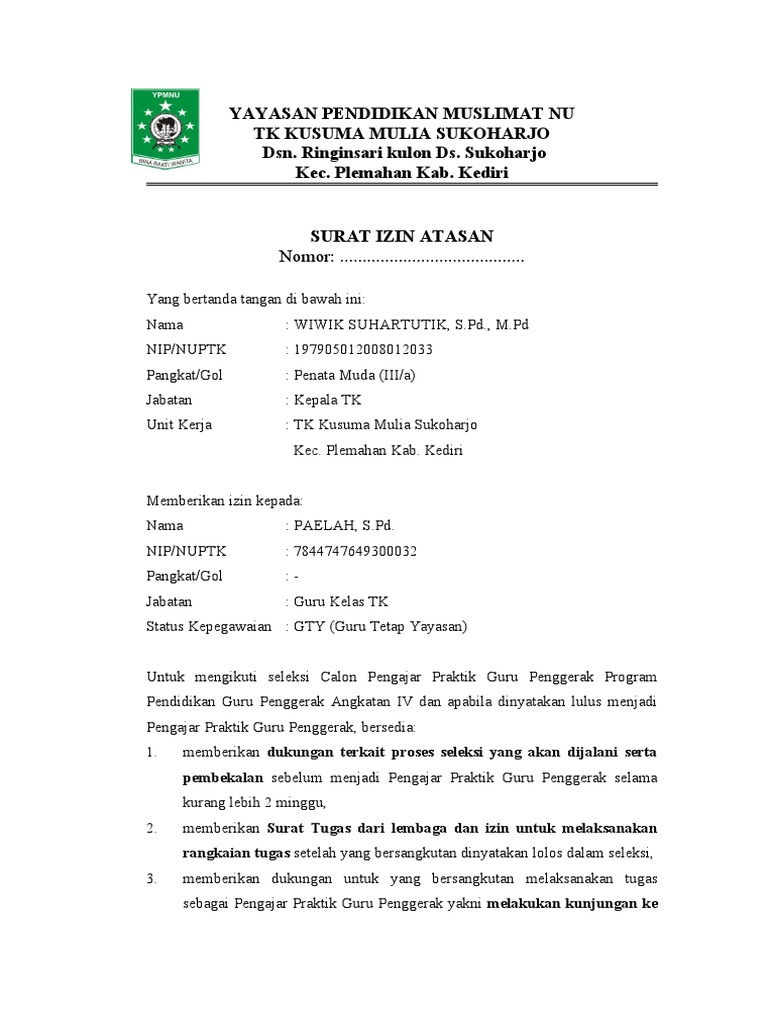 Surat Ijin Atasan Pengajar Praktik | PDF