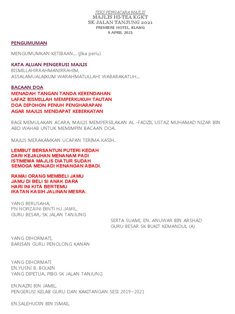 Teks Pengacara Hi-Tea Primier Hotel 2021 | PDF