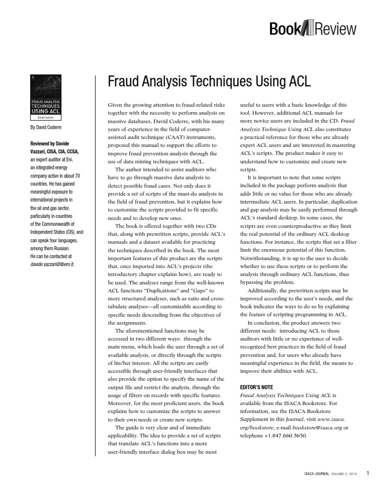 Fraud Analysis Techniques Using ACL: A Review of David Coderre's Book and Scripts for Auditors ...
