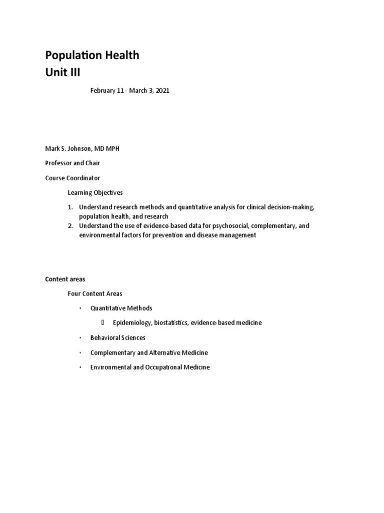 Population Health+ Unit 3 Syllabus | PDF | Epidemiology | Evidence ...