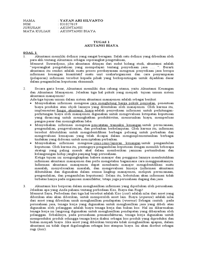 Yayan Ari Silvanto (Tugas 1 Akutansi Biaya) | PDF | Bisnis | Pengelolaan Keuangan & Uang