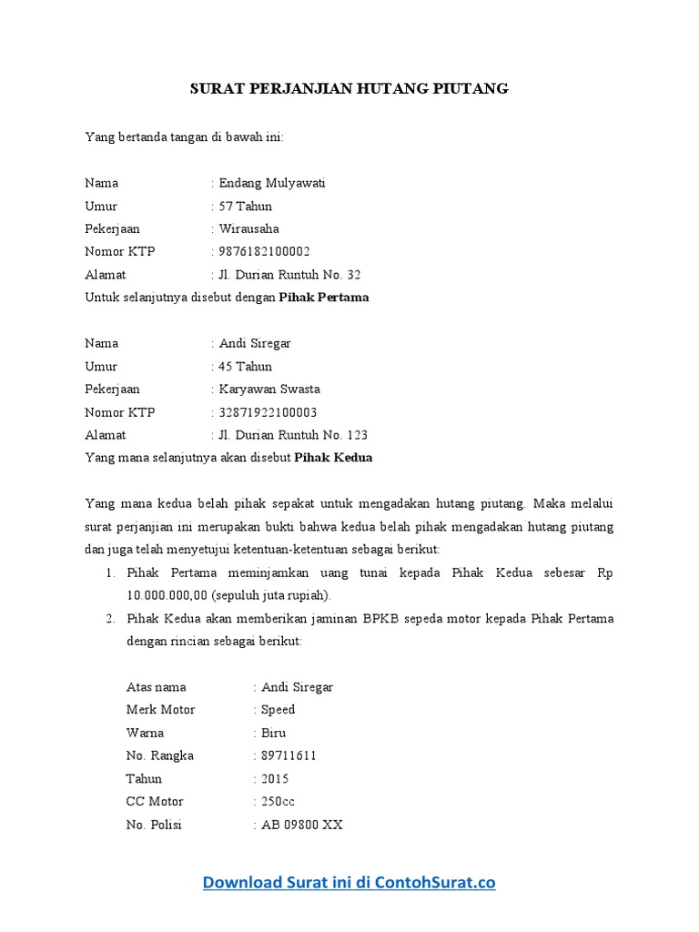 Surat Perjanjian Hutang Piutang BPKB | PDF