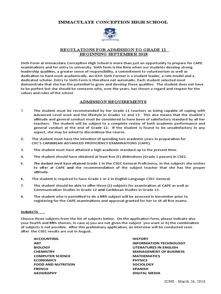 ICHS Grade 12 Admission Guidelines | PDF | Gce Advanced Level (United ...