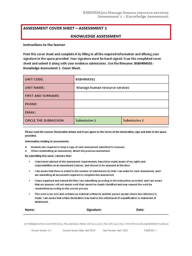 Assessment Cover Sheet - Assessment 1 Knowledge Assessment ...