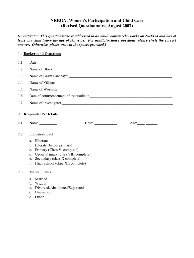 NREGA Women's Participation Survey | PDF | Child Care | Relationships