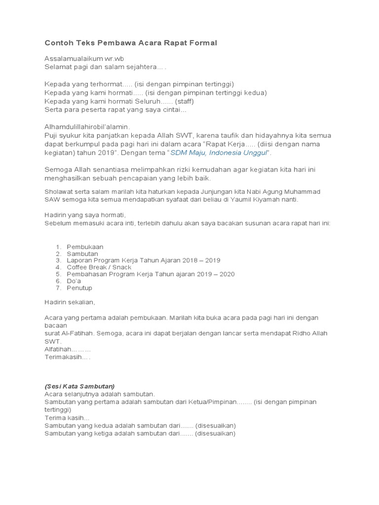 Contoh Teks Pembawa Acara Rapat Formal | PDF