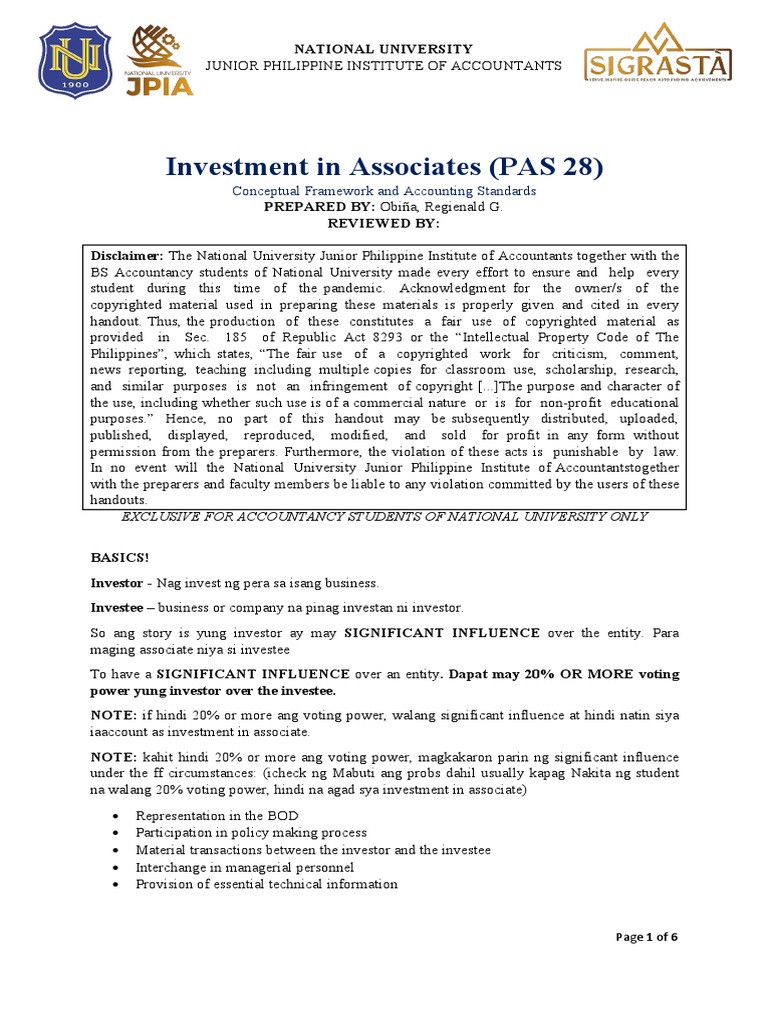 Investment in Associates (PAS 28) : Conceptual Framework and Accounting ...