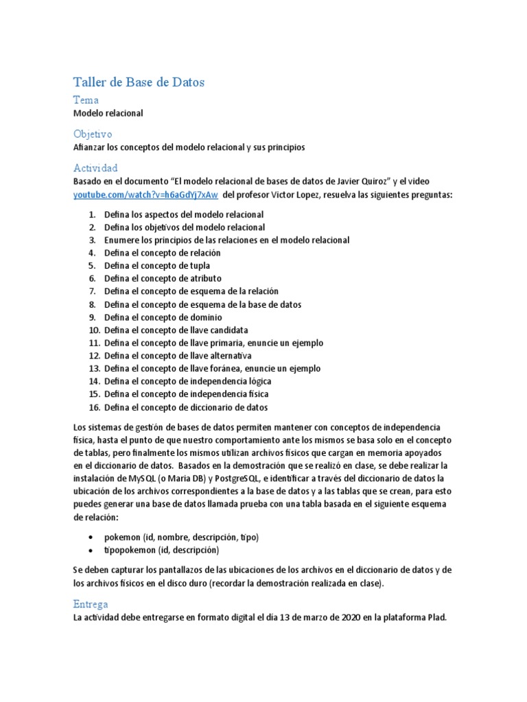 Taller Modelo Relacional | PDF | Base de datos relacional | Bases de datos