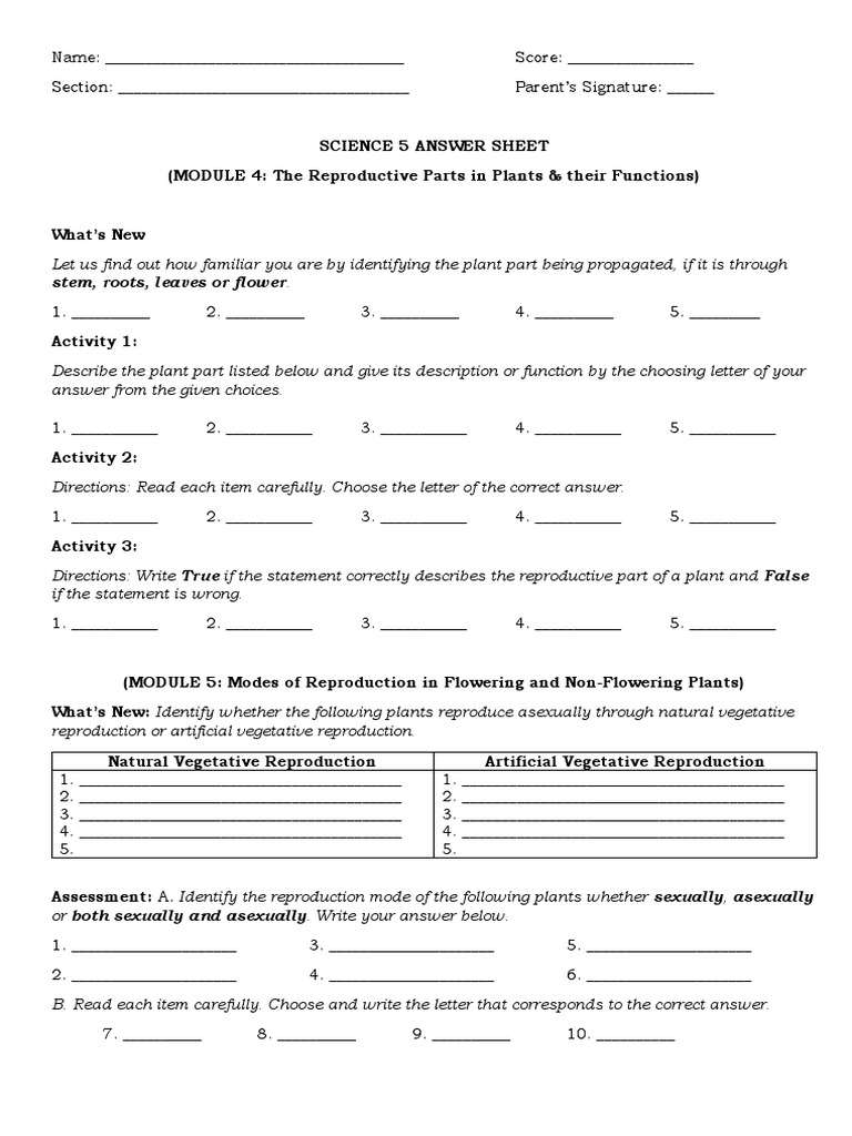 Science 5 Answer Sheet: Modules 4 & 5 - The Reproductive Parts in ...