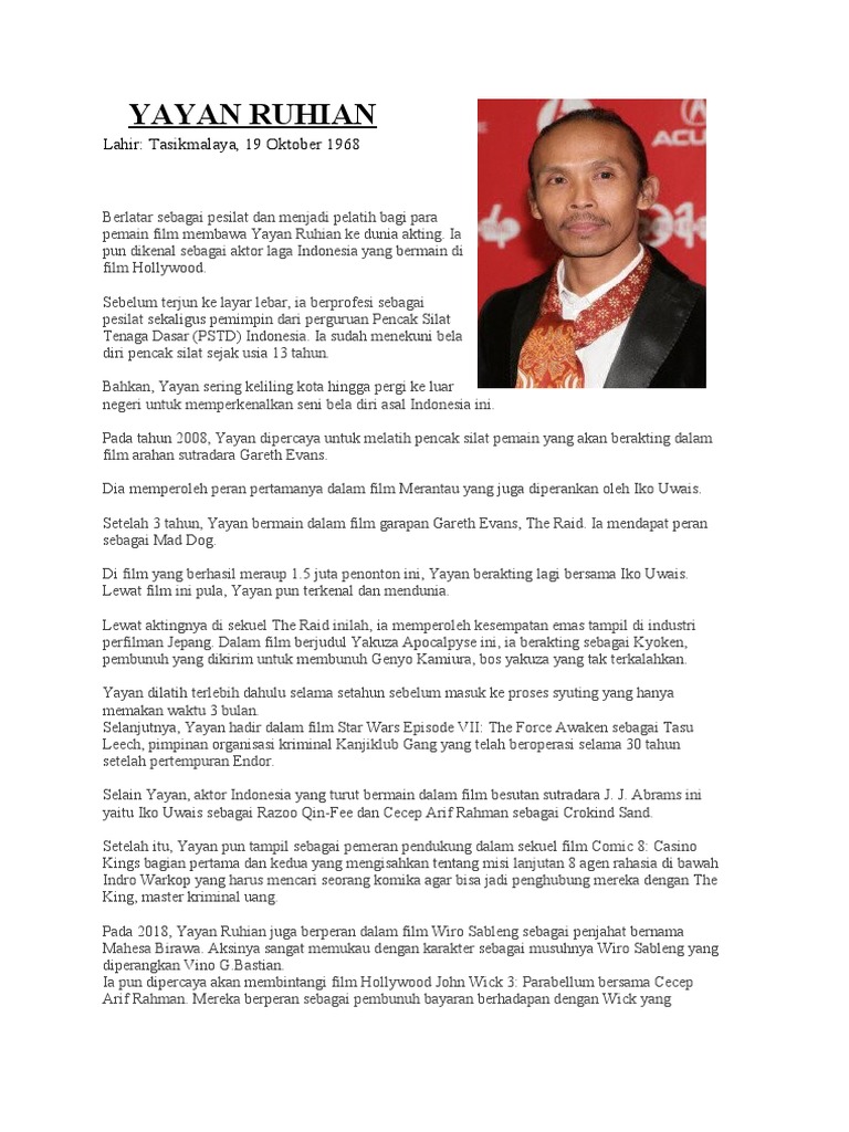 Profil Yayan Ruhian, Aktor Silat Indonesia | PDF
