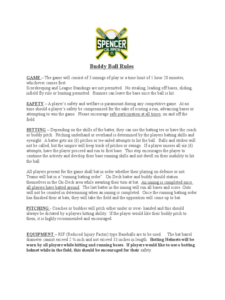 Buddy Ball Rules | PDF | Batting (Baseball) | Pitcher