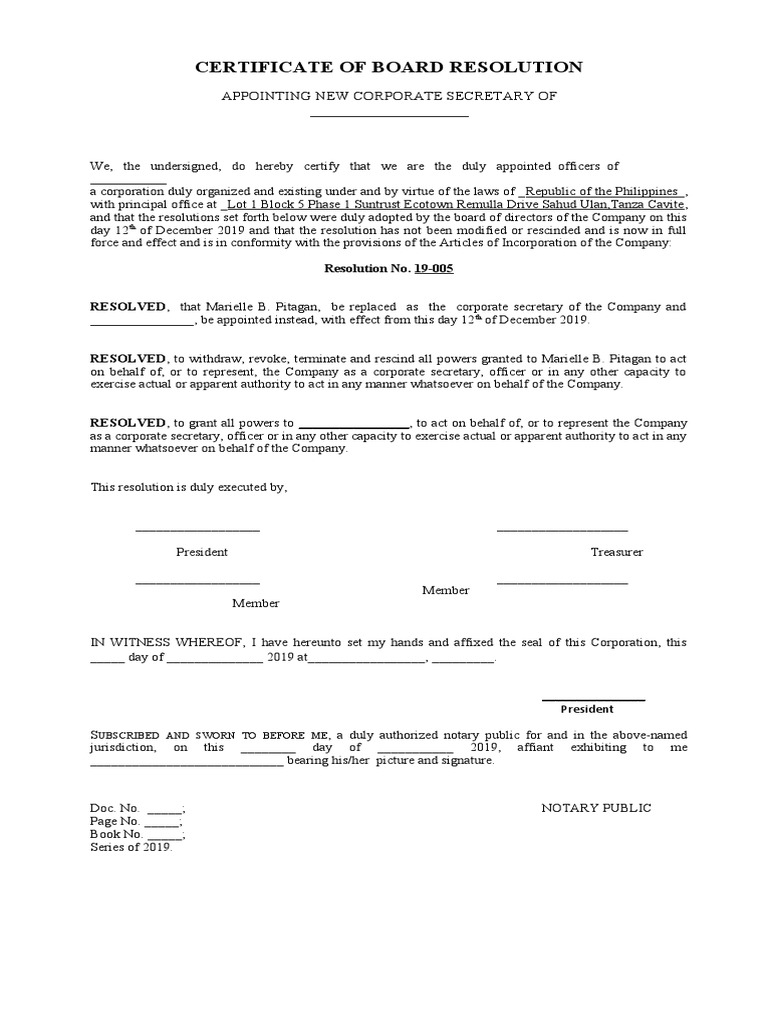 Certificate of Board Resolution: Appointing New Corporate Secretary of ...