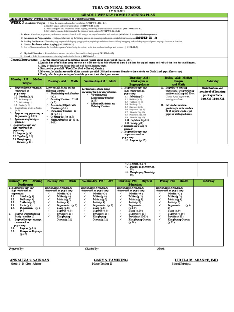 Tuba Central School: Grade 1 Weekly Home Learning Plan Week 3 | PDF ...
