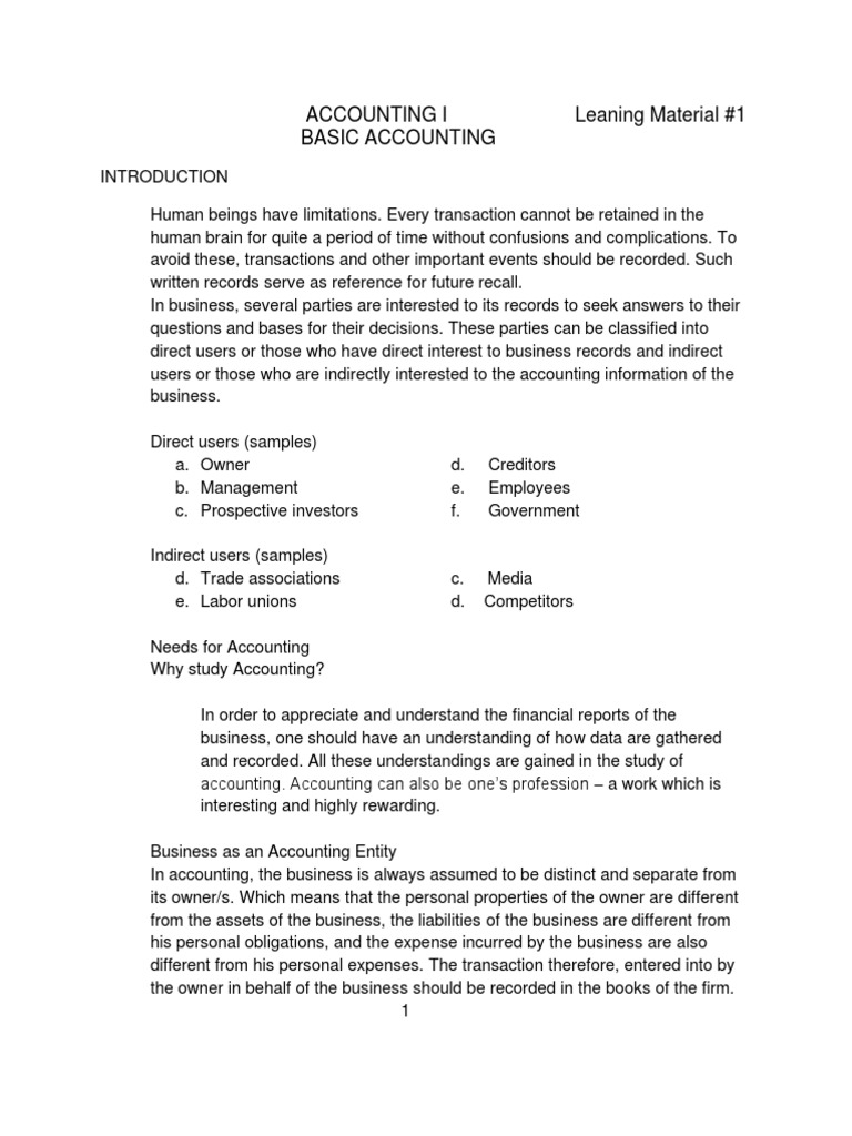ACCT. 1 Learning Material 1 | PDF | Bookkeeping | Balance Sheet