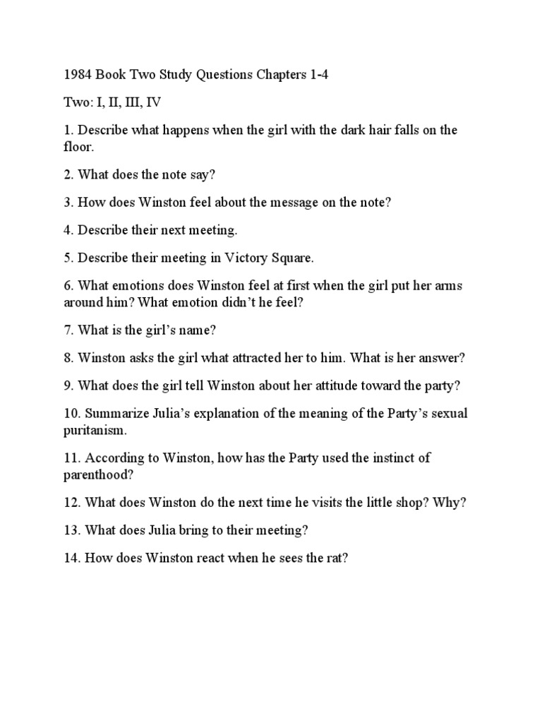 1984 Book Two Study Questions: Chapters 1-4 | PDF