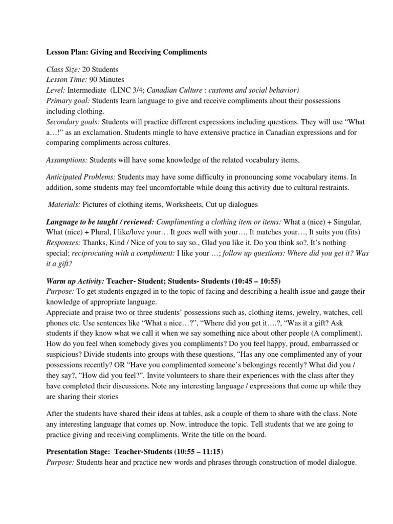 Lesson Plan: Giving and Receiving Compliments | Download Free PDF ...