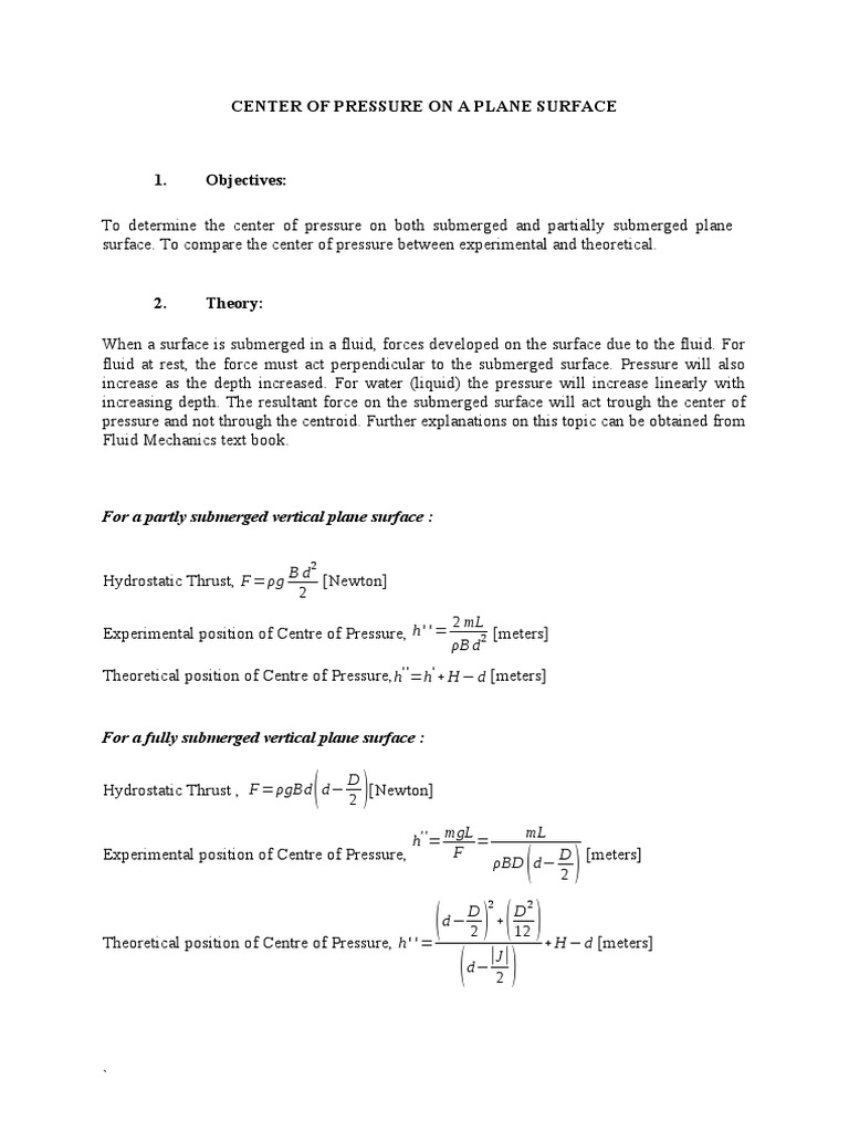 Center of Pressure On A Plane Surface | PDF | Pressure | Length