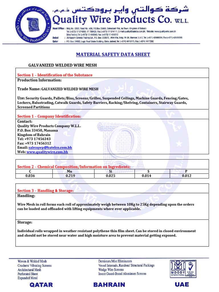 Material Safety Data Sheet: Galvanized Welded Wire Mesh | PDF ...