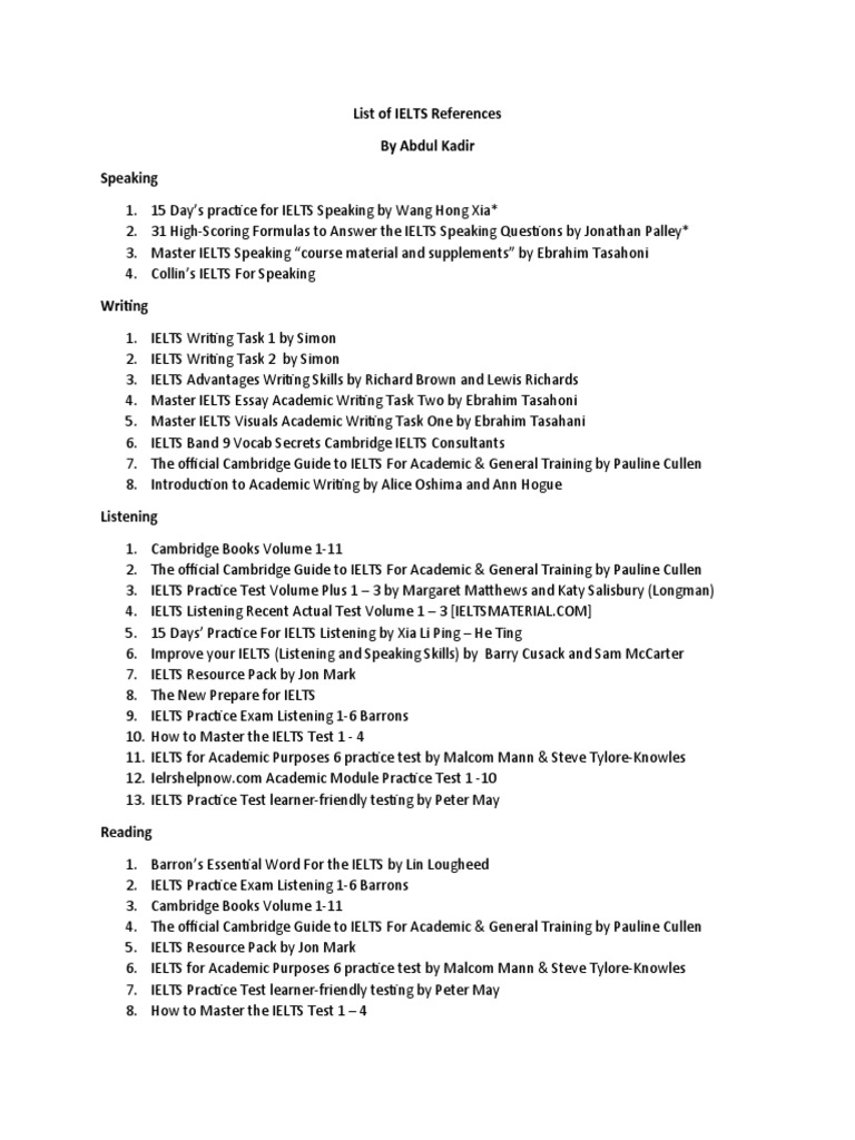 List of IELTS References by Abdul Kadir Speaking | PDF | International ...