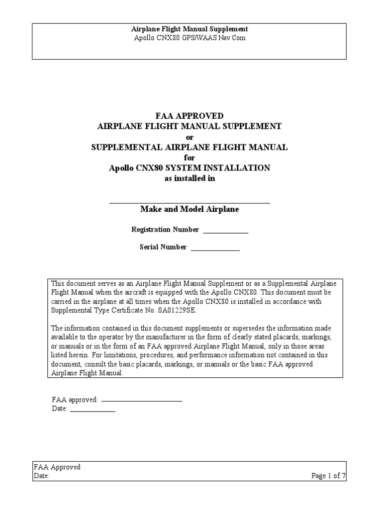 Airplane Flight Manual Supplement: Gps/Waas Nav Com | PDF | Instrument ...