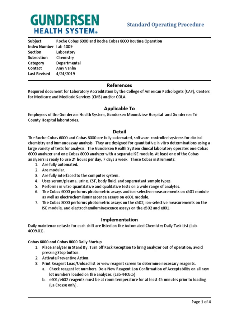 Lab Policies Roche Cobas 6000 Routine Operation La Crosse Lab 4009 ...
