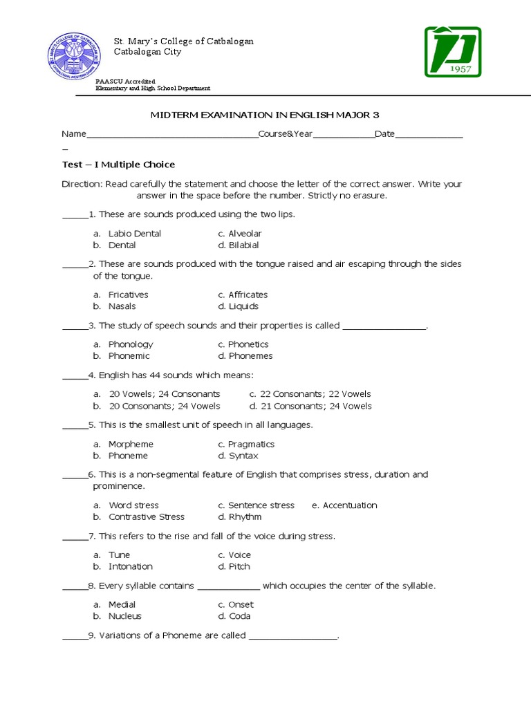 Midterm Exam in English Major 3 | PDF | Syllable | Consonant