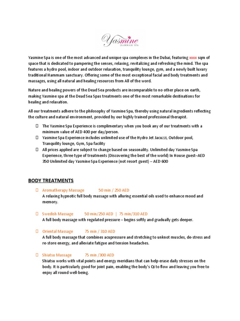 Yasmine Hammam Spa Menu - 2021 | PDF | Massage | Spa