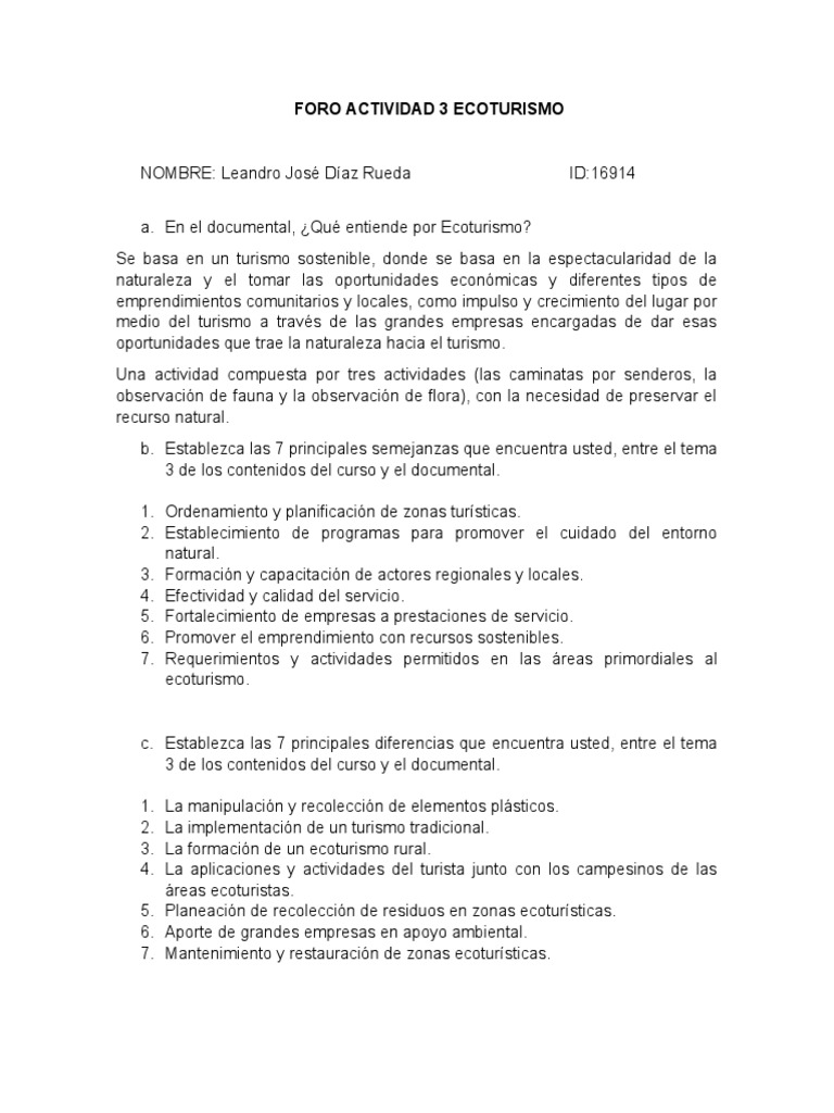 Actividad 3 Ecoturismo | PDF | Ciencias sociales ambientales | Turismo