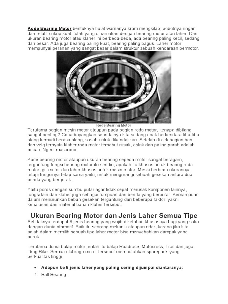 Daftar Kode dan Ukuran Bearing Motor | PDF