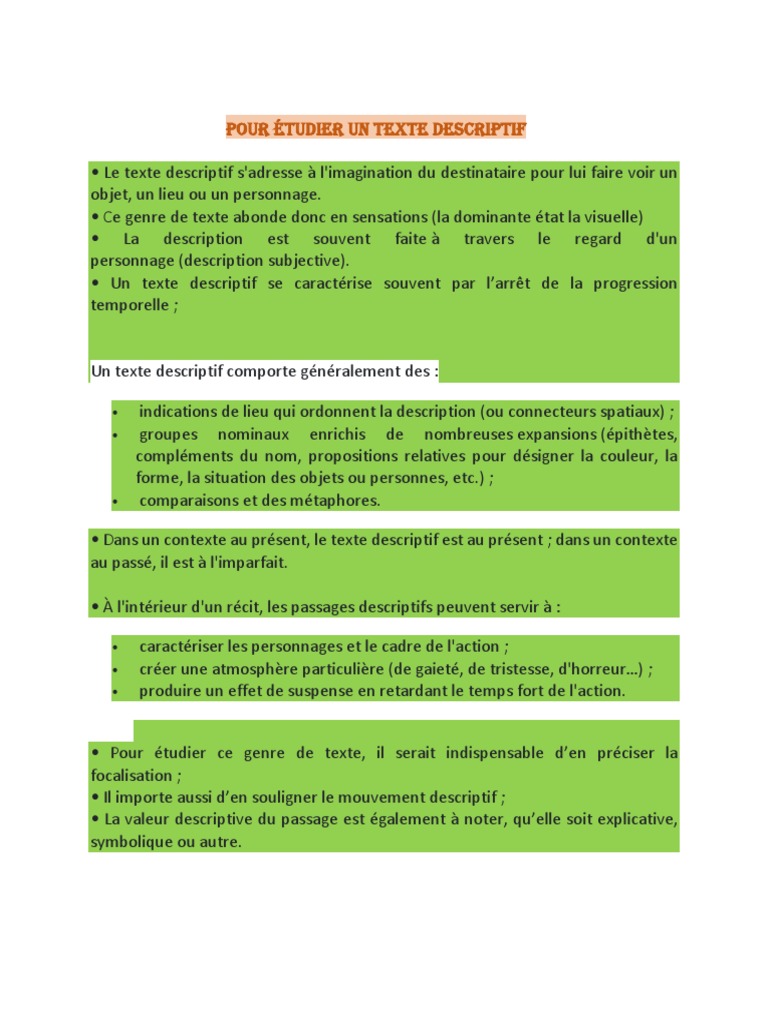 Pour Étudier Un Texte Descriptif | PDF