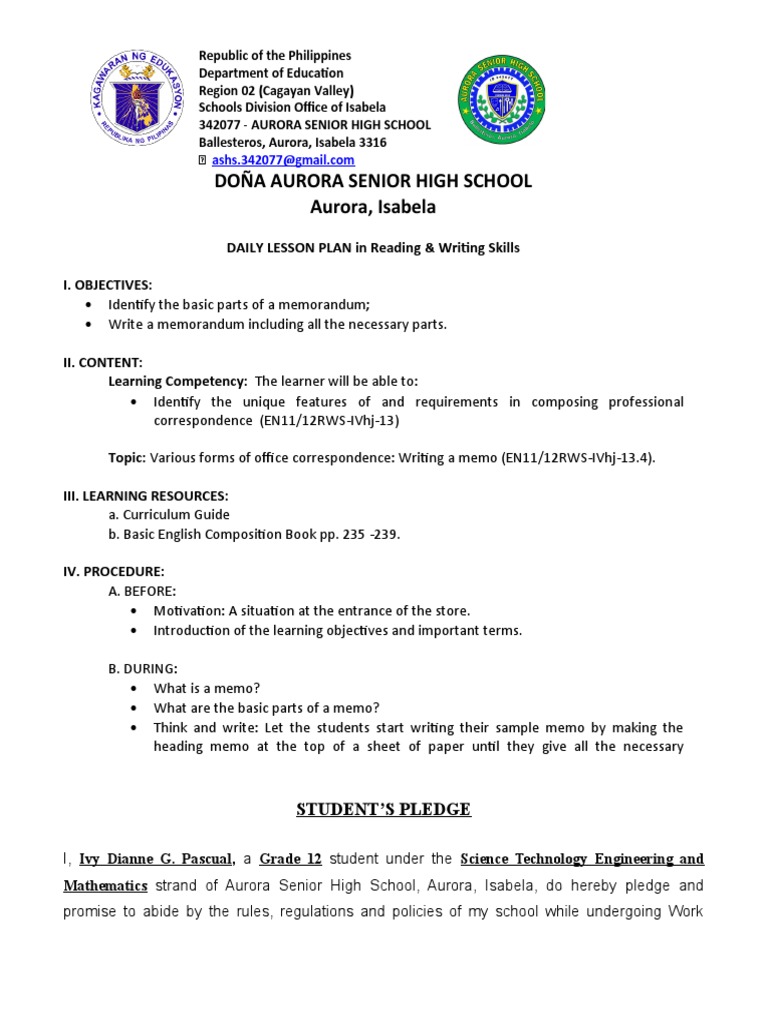 Doña Aurora Senior High School Aurora, Isabela | PDF | Lesson Plan ...