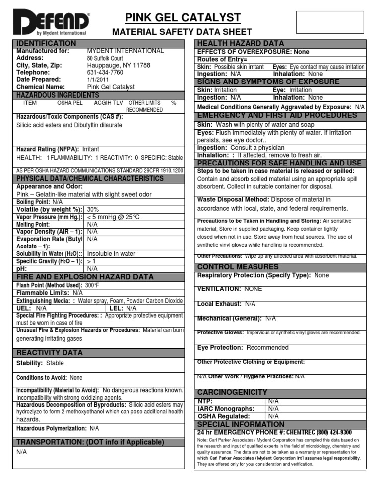 Defend Pink Gel Catalyst MSDS 1-1-2011 | PDF | Fires | Silicon Dioxide