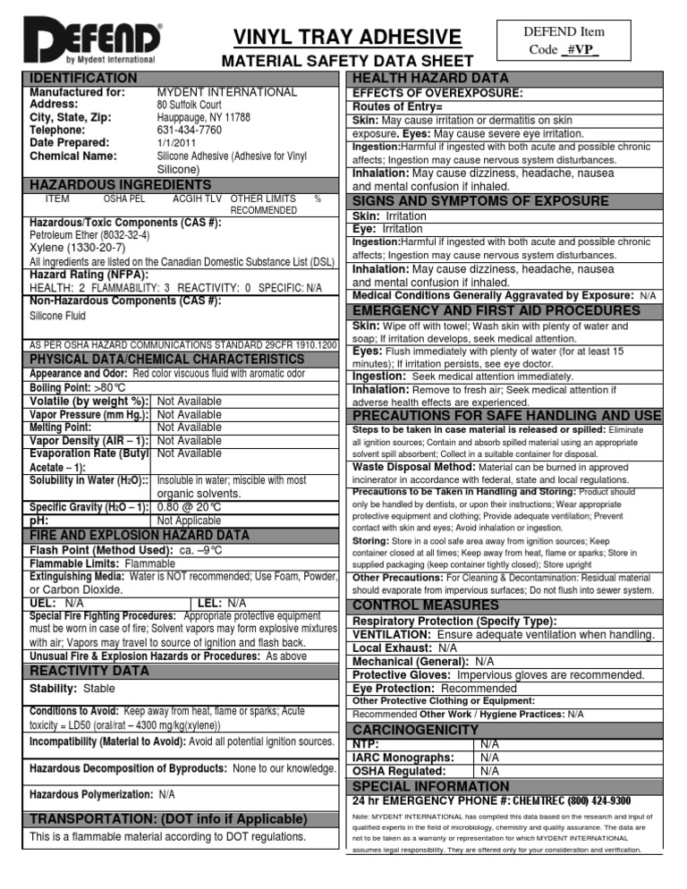 Vinyl Tray Adhesive Safety Data Sheet | PDF | Solvent | Personal ...