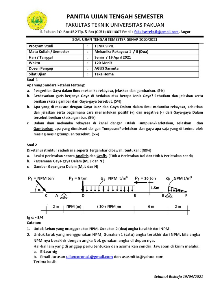 Soal UTS Mekanika Rekayasa 1 TA 2020,2021 Tanggal 19 April 2021 | PDF ...