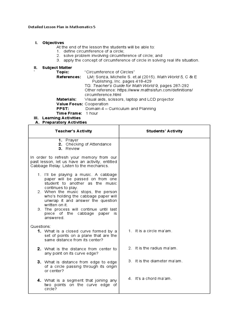 Cabbage Relay: Circumference Lesson Plan | PDF | Circle | Pi