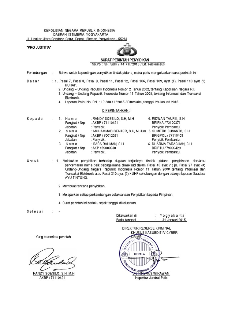 Contoh Surat Perintah Penyidikan | PDF