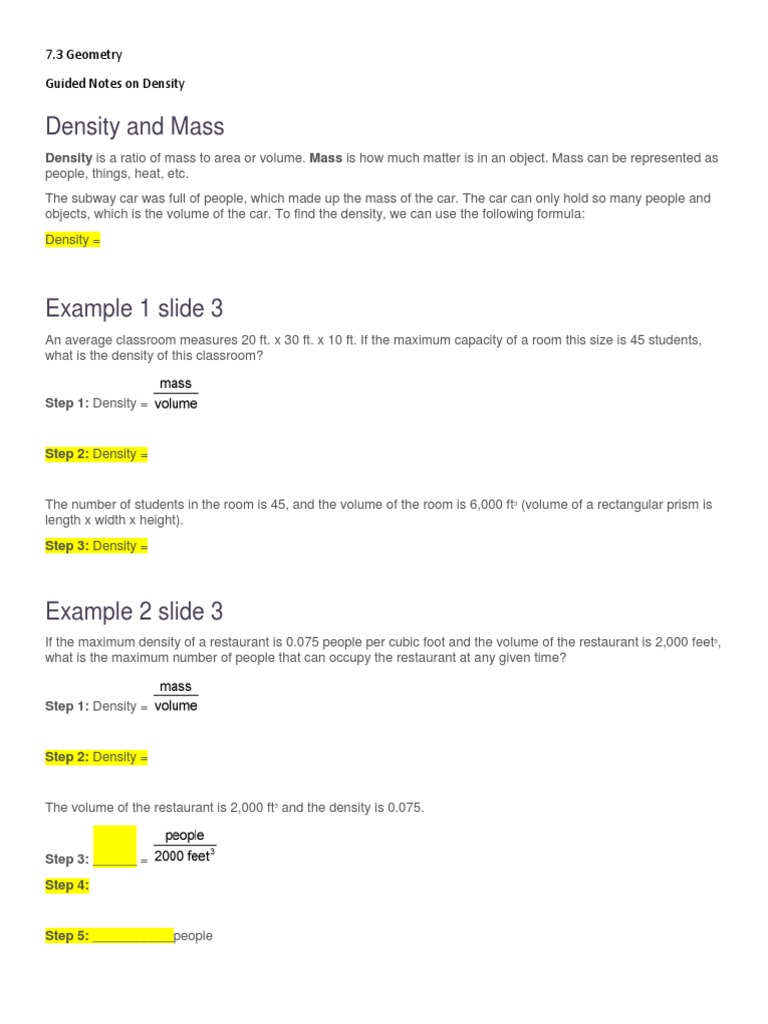 Density and Mass: 7.3 Geometry Guided Notes On Density | PDF