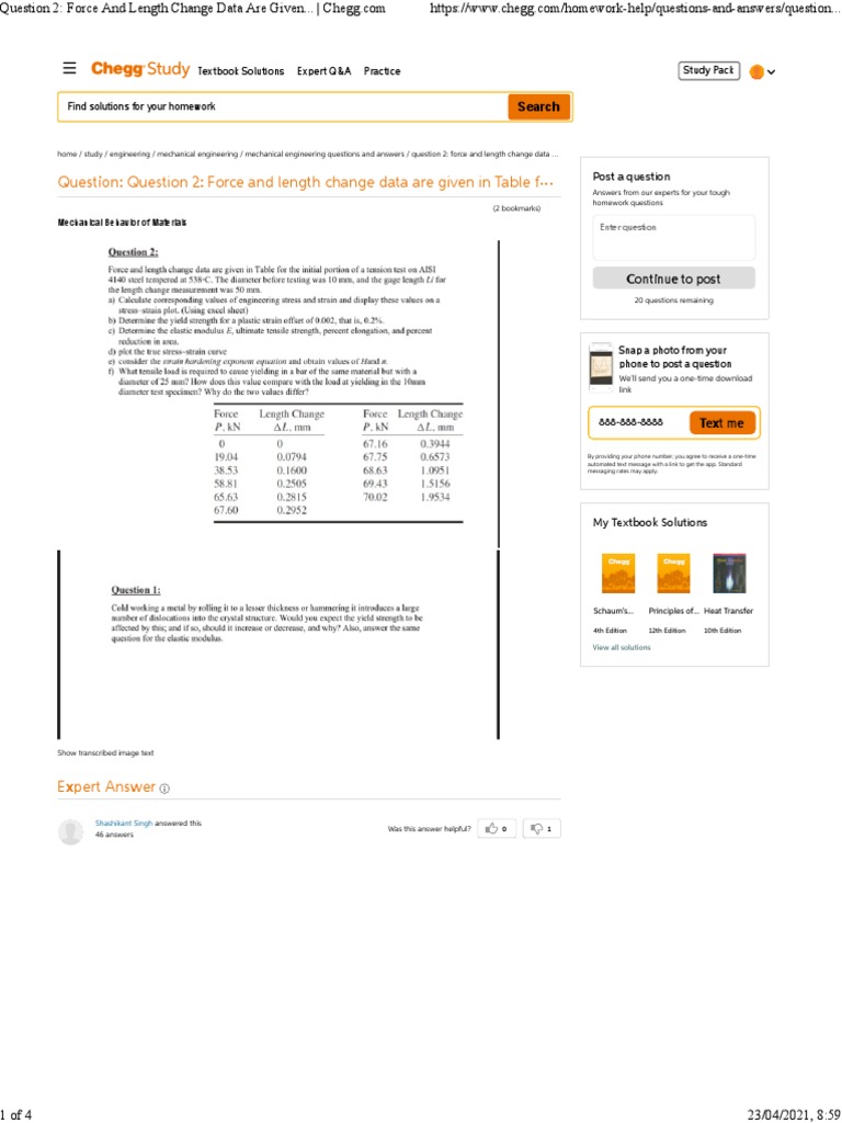 Question 2 Force and Length Change Data Are Given... | PDF | Young's ...