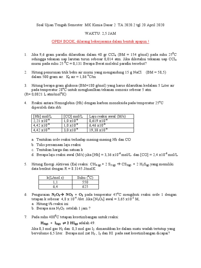 Soal UTS Kimia Dasar 2 TA 2020.2 | PDF