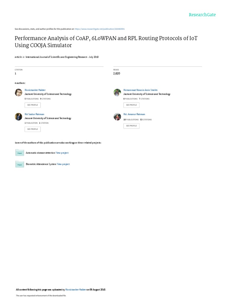 Performance Analysis of CoAP 6LoWPAN and RPL Routing Protocols of IoT Using COOJA Simulator - 3 ...