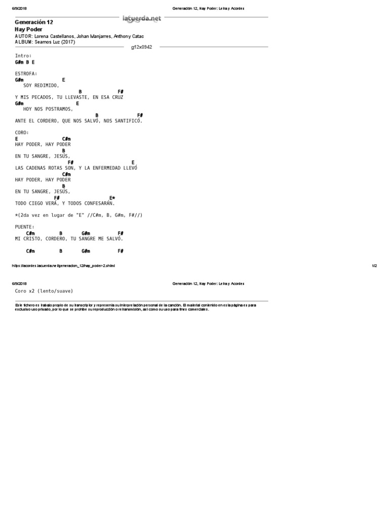 Generación 12, Hay Poder - Letra y Acordes | PDF