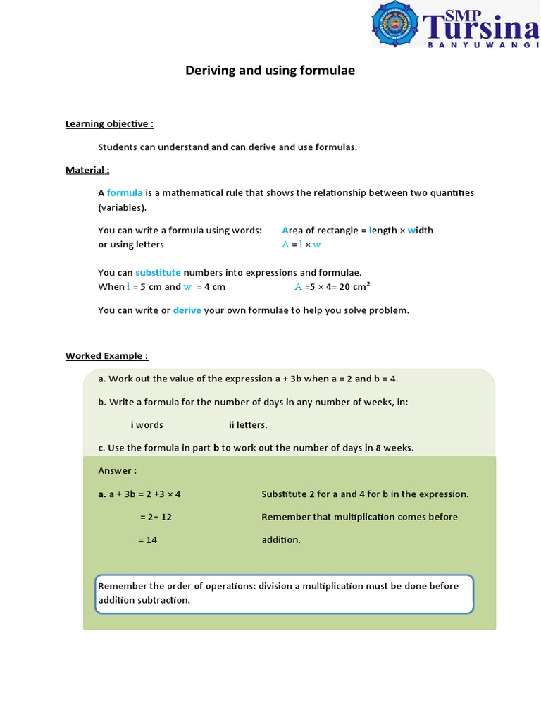 Deriving and Using Formulae: Learning Objective | PDF