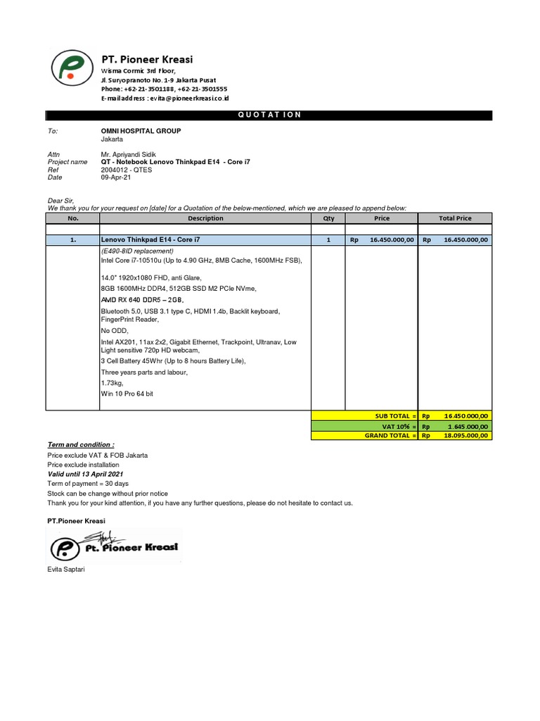 Lenovo Thinkpad E14 Quotation Details | PDF | Microcomputers | Computer Hardware