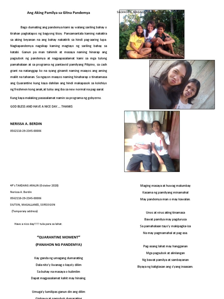 Ang Aking Pamilya Sa Gitna Pandemya | PDF