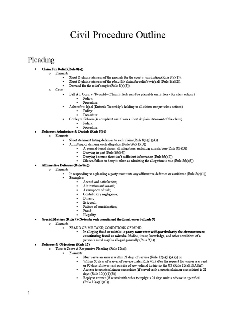 Civil Procedure Outline | PDF | Service Of Process | Complaint